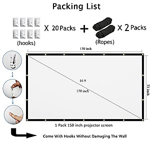 Mdbebbron 150 inch Projection Screen 16:9 Foldable Anti-Crease Portable Projector Movies Screen for Office Home Theater Outdoor Indoor Support Double Sided Projection Light…