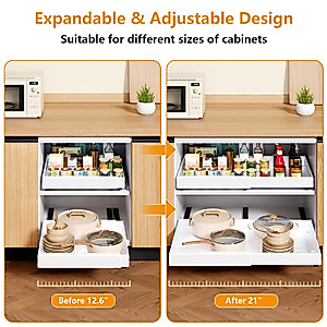 Pull out Cabinet Organizer 21" Deep Heavy Duty Expandable(12.6"-21") Slide out Drawers for Kitchen Cabinets with Adhesive 1 Pack Adjustable Roll out Shelf Storage Organization for Pantry Bathroom