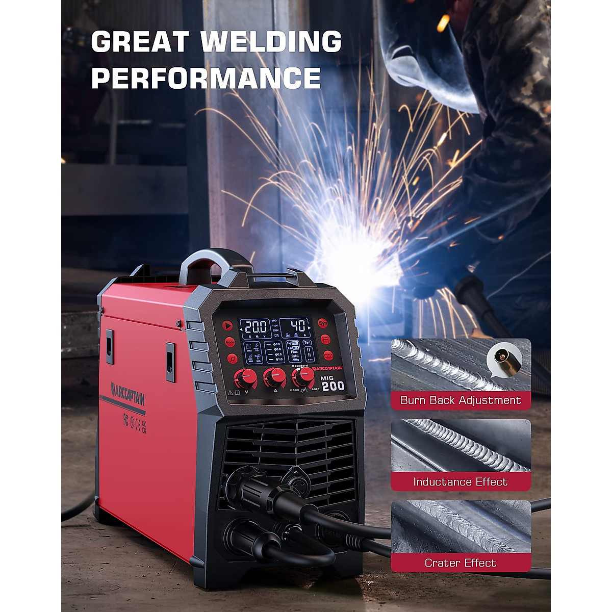 ARCCAPTAIN MIG Welder, 200Amp 6 in 1 Gas MIG/Gasless Flux Core MIG/Stick/Lift TIG/Spot welding/Spool Gun 110V/200V Aluminum Multi Process Welding Machine with LED Digital Display, Burn Back Adjustment