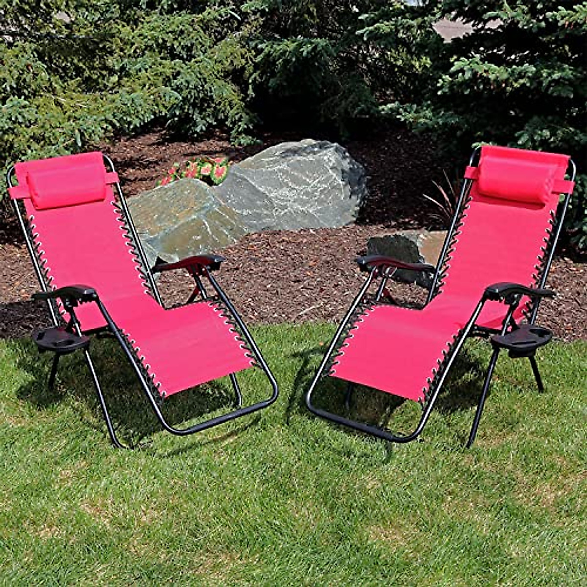Sunnydaze Outdoor Zero Gravity Lounge Chairs with Pillow and Cup Holder Folding Patio Lawn Recliner Set of 2 Red