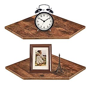 BCOZLUX Corner Shelf Wall Mount, Set of 2 Floating Corner Shelves, Wood Corner Hanging Shelf with Cable Hole for TV, Speaker WiFi Router, for Bathroom Bedroom Kitchen, Rustic Brown and Black