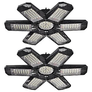 ZZENRYSAM 2 Pack LED Garage Lights, 120W 12000LM 6500K Deformable LED Garage Ceiling Light with 6+1 Multi-Position Panels, Shop Light for Garage, High Bay Light Support E26/E27 Socket(Black, Type A)