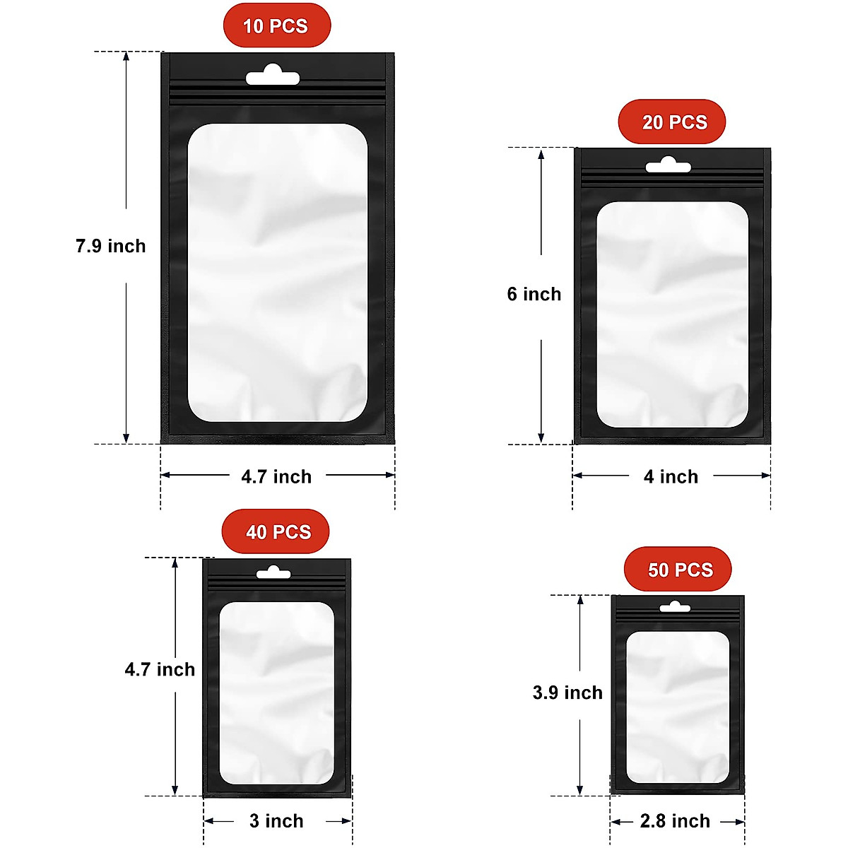 120 Pieces Smell Proof Bags Mylar Bags Aluminum Metallic Foil Bag for Food Storage, Packaging Products, Smell Proof Bags, 4 Sizes(Black)