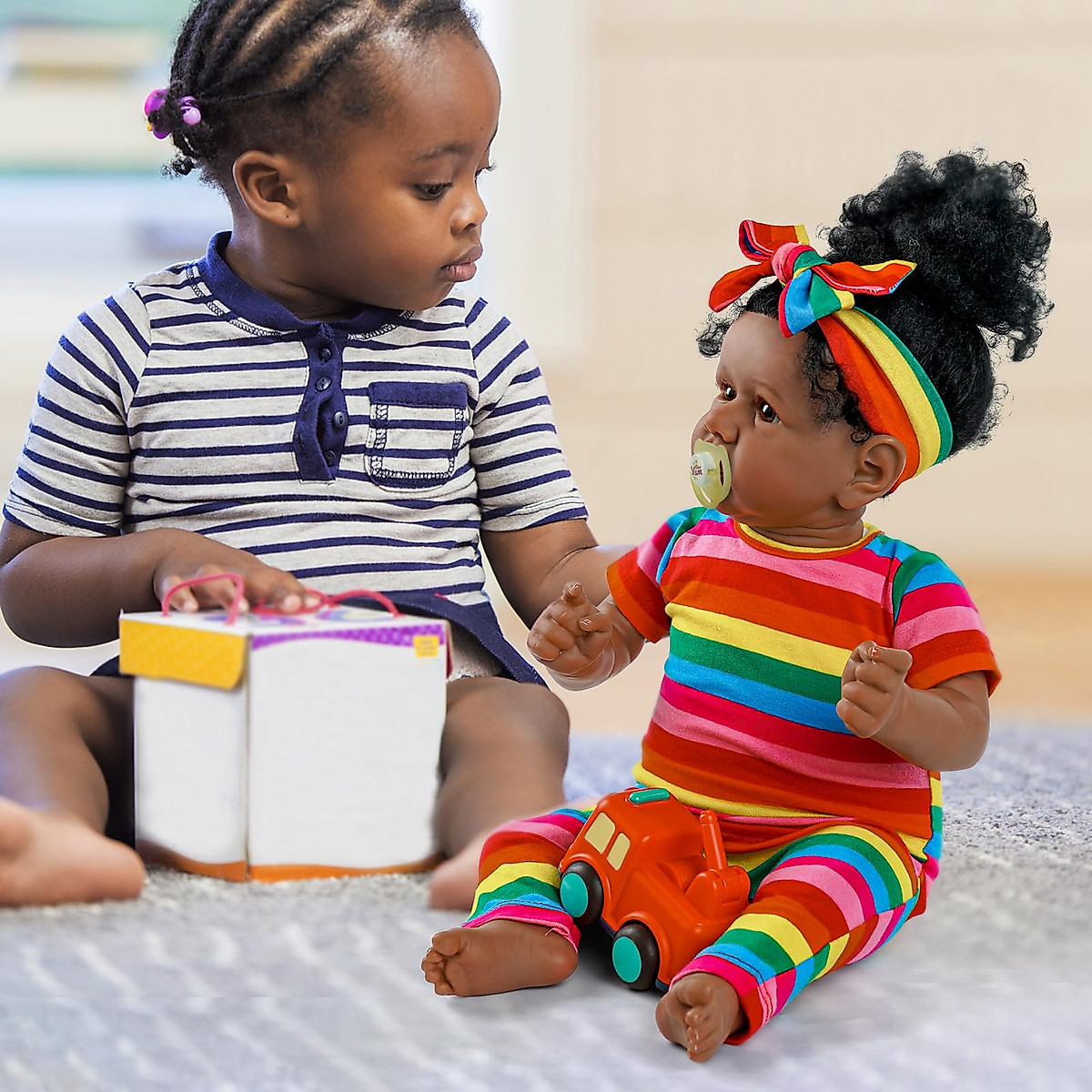 JIZHI Reborn Baby Dolls Black with Lifelike Soft Body African American Realistic-Newborn Girl Doll 22 Inch Best Birthday Gift Set and Toy Accessories Gift for Kids Age 3