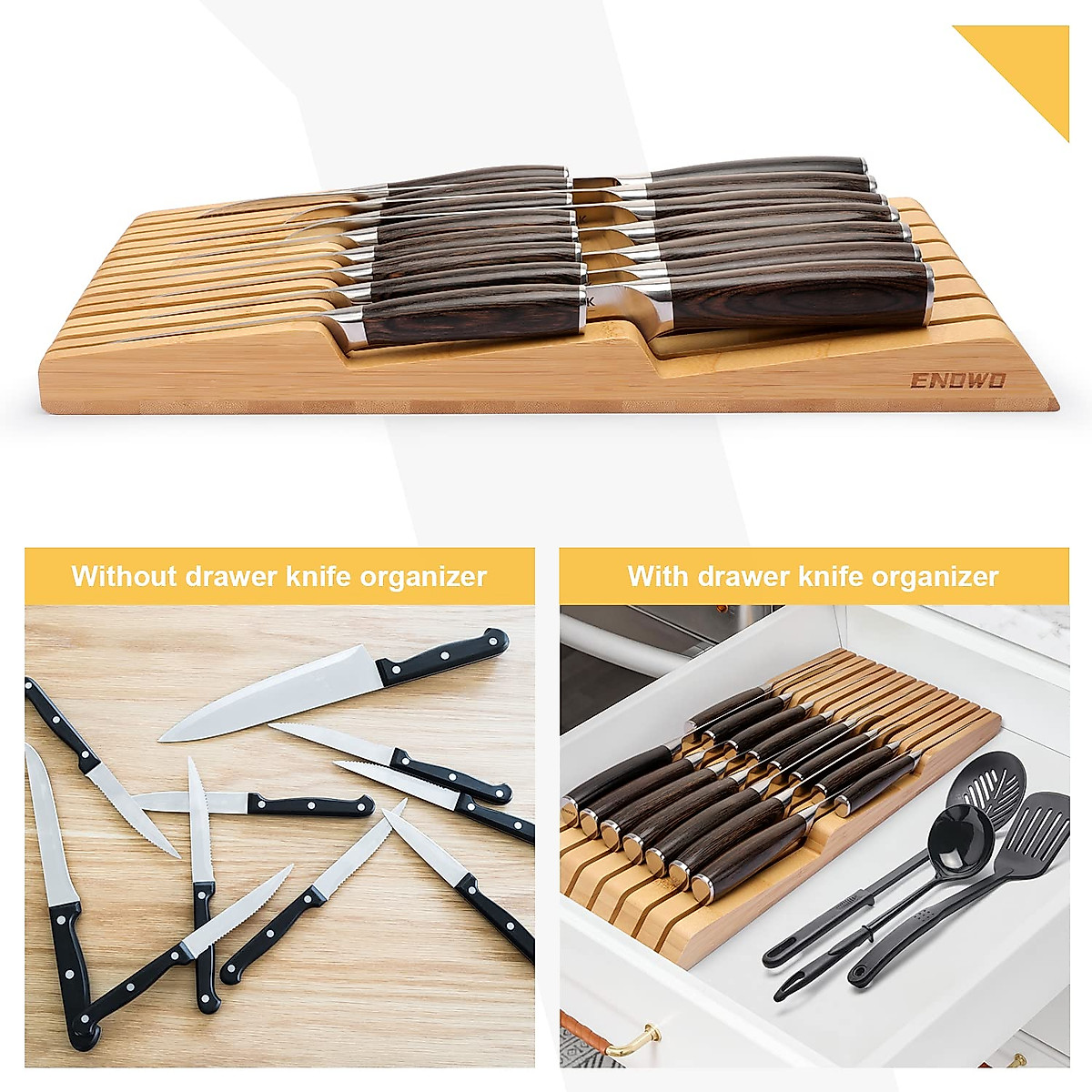 enowo Bamboo Knife Block Knife Drawer Organizer, Knife Holder for Kitchen Drawers Hold 15 Knives(Not included), Kitchen Knife Organizer Drawer Insert, Perfect for Home and Chefs