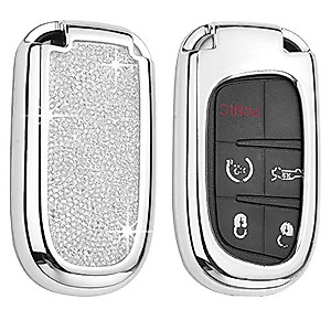 Royalfox 3D Bling Shiny Rhinstone Girly 3/4/5 Buttons Key fob case Cover Skin for Jeep Grand Cherokee Renegade,Fiat,Dodge Charger Challenger Dart Journey Durango,Chrysler 200 300 (Silver)