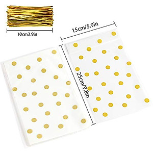 SBYURE Clear Cello Bags Plastic Gold Polka Dot Candy Bags 6x10 inch for Treat Candy Cookie Bakery Party Favor Bags,Pack of 100 with Gold Twist Ties