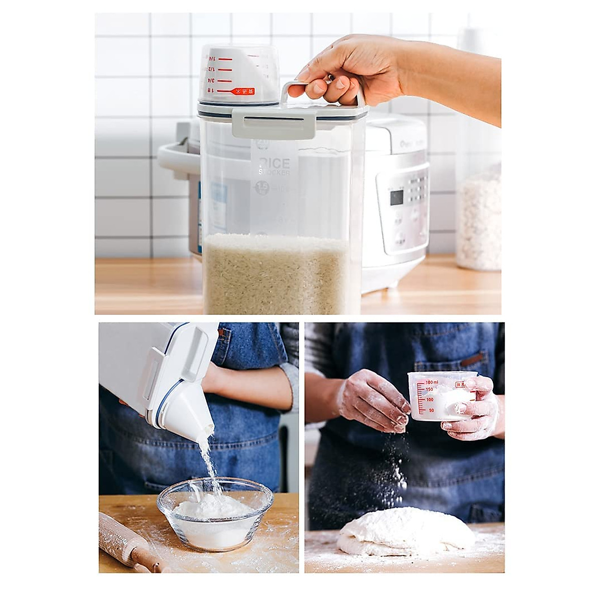 BOLESHU 3 PCS Rice Bin 2L Rice Container, 3 Pcs Airtight Cereal Container Rice Barrel Dry Grain Dispenser Thicken Rice Cylinder Clear Food Storage Box with Airtight Design Measuring Cup Pour Spout