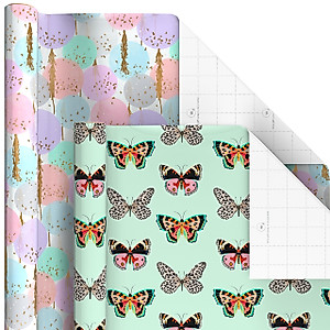 Hallmark Wrapping Paper Rolls for Birthday, Bridal Shower, Baby Shower, Gift Wrap Paper (Set of 6 Rolls: 180 sq. ft. ttl.) Butterflies, Gold Animal Print, Pink Flowers for All Occasions