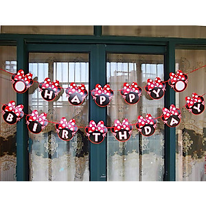 CHuangQi Minnie Themed Party Banner, Happy Birthday Letter Banner, Red Bow with Polka Dots Card, 1st Birthday Party Supplies & Decoration