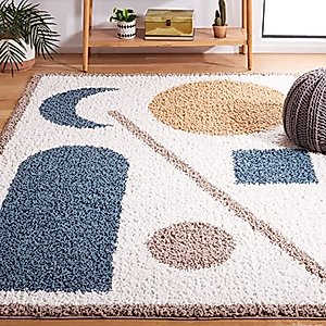 Safavieh Calico Shag Collection 8' x 10' Ivory/Blue CLC114A Mid-Century Modern Non-Shedding 1.6-inch Thick Area Rug