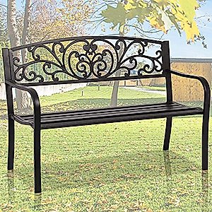 Meet perfect Outdoor Bench Garden Bench Patio Bench Wrought Iron Bench Front Porch Bench Park Bench Outdoor Furniture Steel Frame Benches Clearance, 50 Inch Black