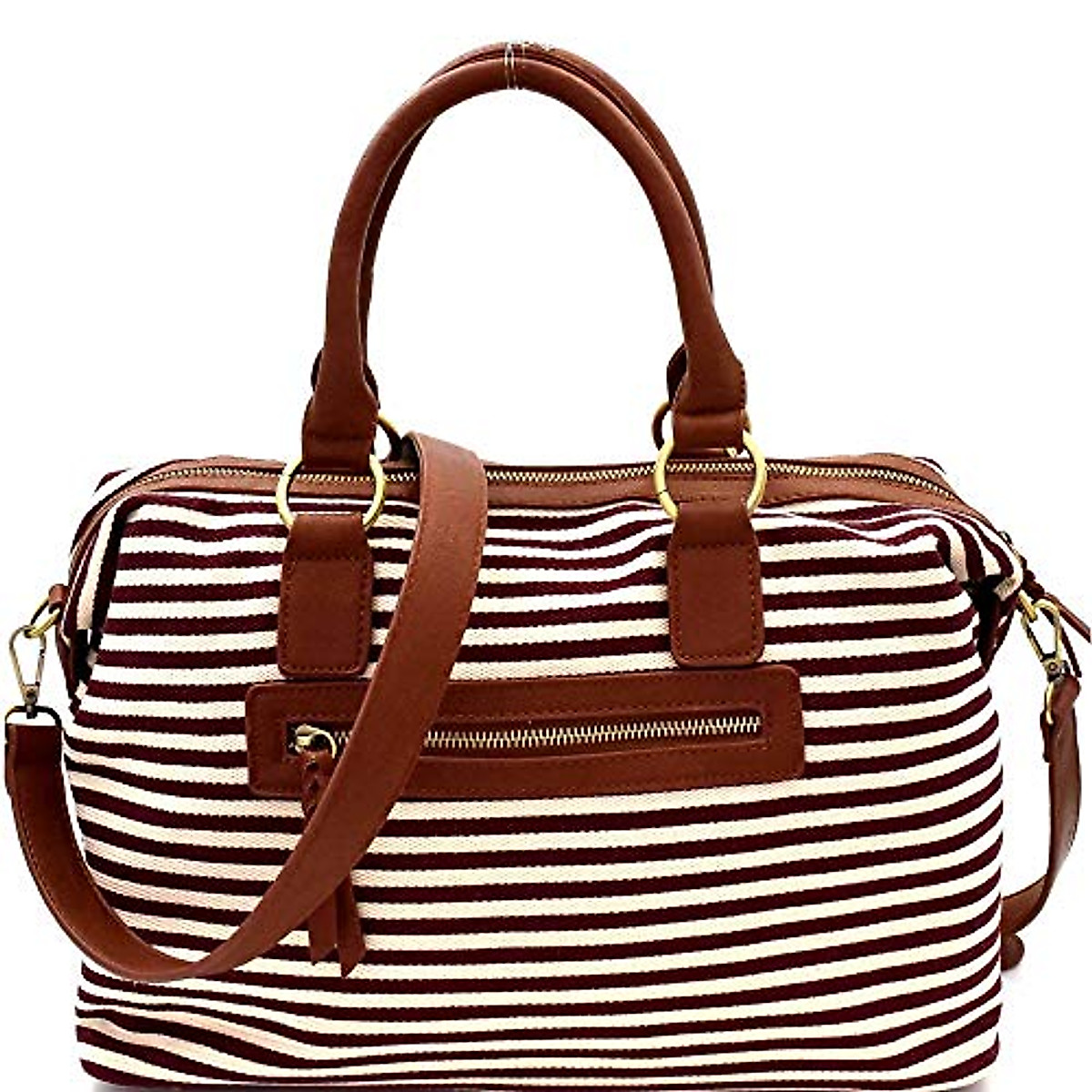 Boho Tassel Leaf Charm Aztec & Stripe Print Canvas Satchel Tote Handbag Purse (Embroidered Satchel - Black)