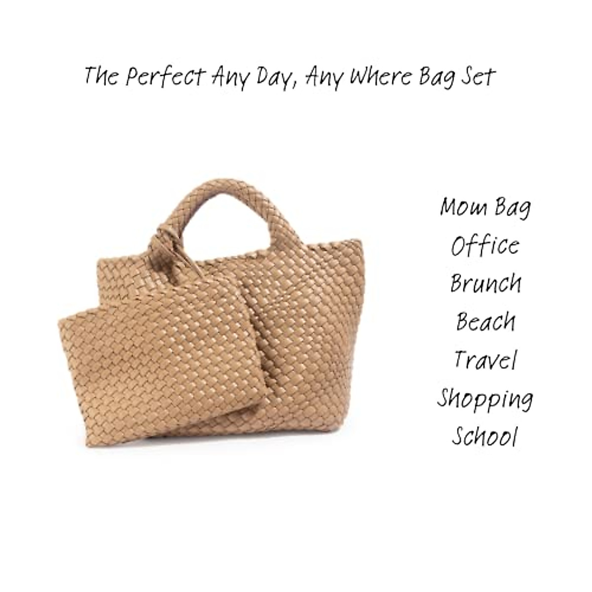 Spring & Summer Handmade Woven Tote Handbag, Vegan Leather, (Light Brown)