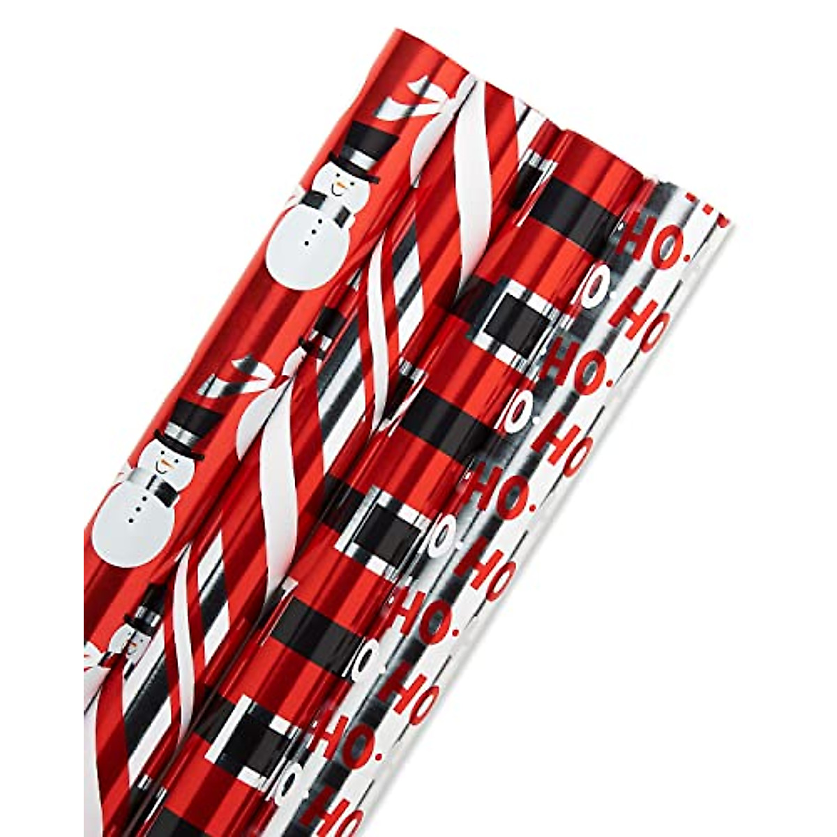 American Greetings 80 sq. ft. Reversible Christmas Foil Wrapping Paper Bundle, Red, Black and Silver, Candy Cane Stripe, Snowmen and Santa Belt (4 Rolls 30 in. x 8 ft.)
