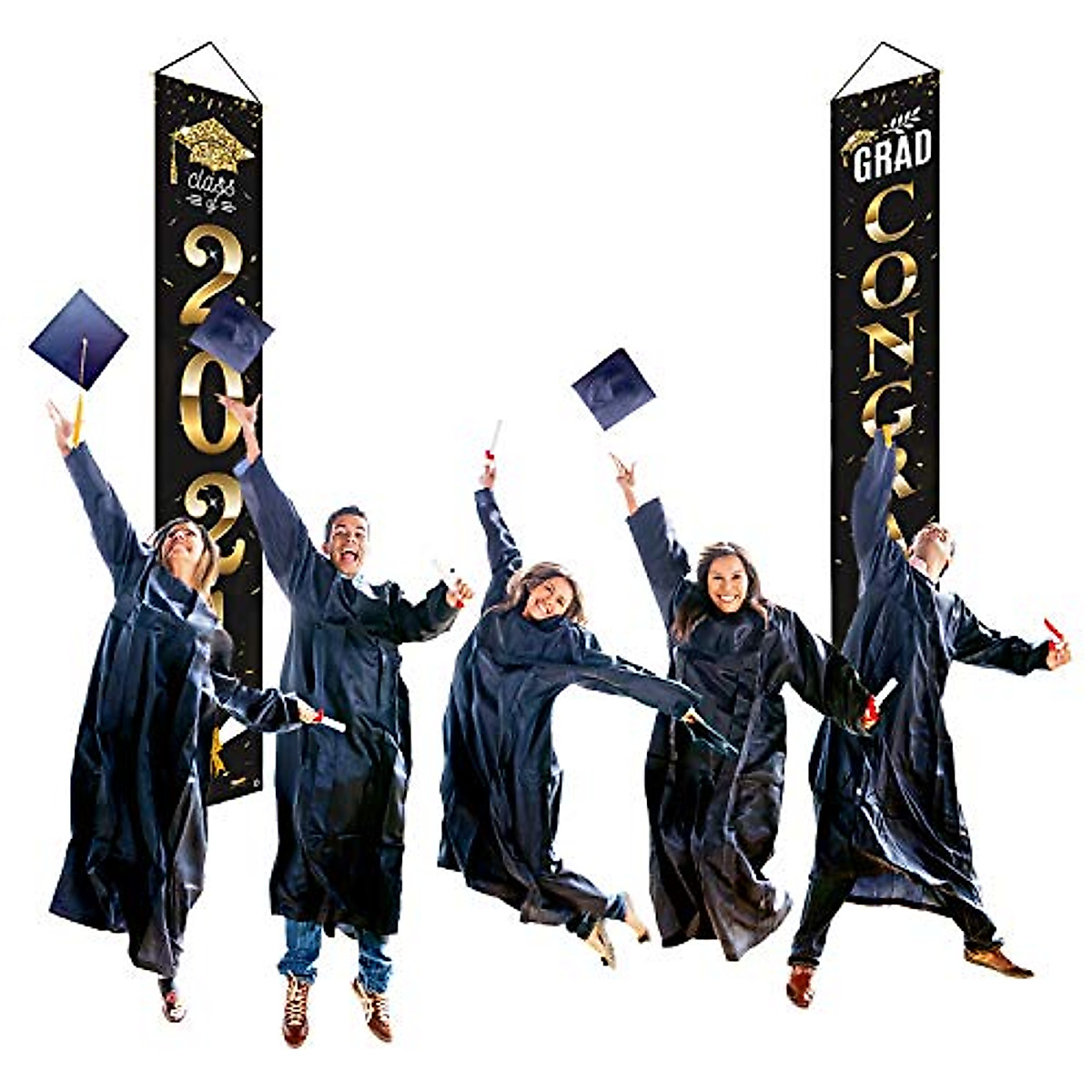 Whaline Graduation Hanging Banner, Graduation Porch Sign Backdrop Congrats Graduation Party Decorations for Home School Wall Door Yard Apartment (Black, Gold and White)