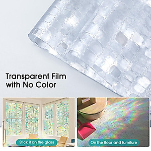 Windimiley Window Privacy Film 3D Rainbow Static Clings Bathroom Stained Glass Decorative Window Sticker Prism Holographic Window Decals Sun Blocking Non-Adhesive Door Covering,17.5x118.1In, Pure