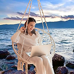 SURPCOS Hammock Chair Macrame Swing, Upgraded Max 550 Lbs Hanging 100% Cotton Rope Swing Chair with Stainless Steel Hardware Kits, Macrame Swing for Indoor and Outdoor Use (Beige)