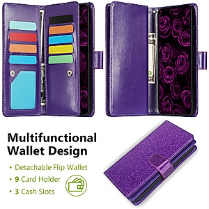 Varikke Compatible with Samsung Galaxy A14 5G Case, Detachable Magnetic Wallet Case with Card Holder, Kickstand, Wrist Strap, Glitter PU Leather Flip Phone Cover for Women Men, 6.6 Inch, Dark Purple