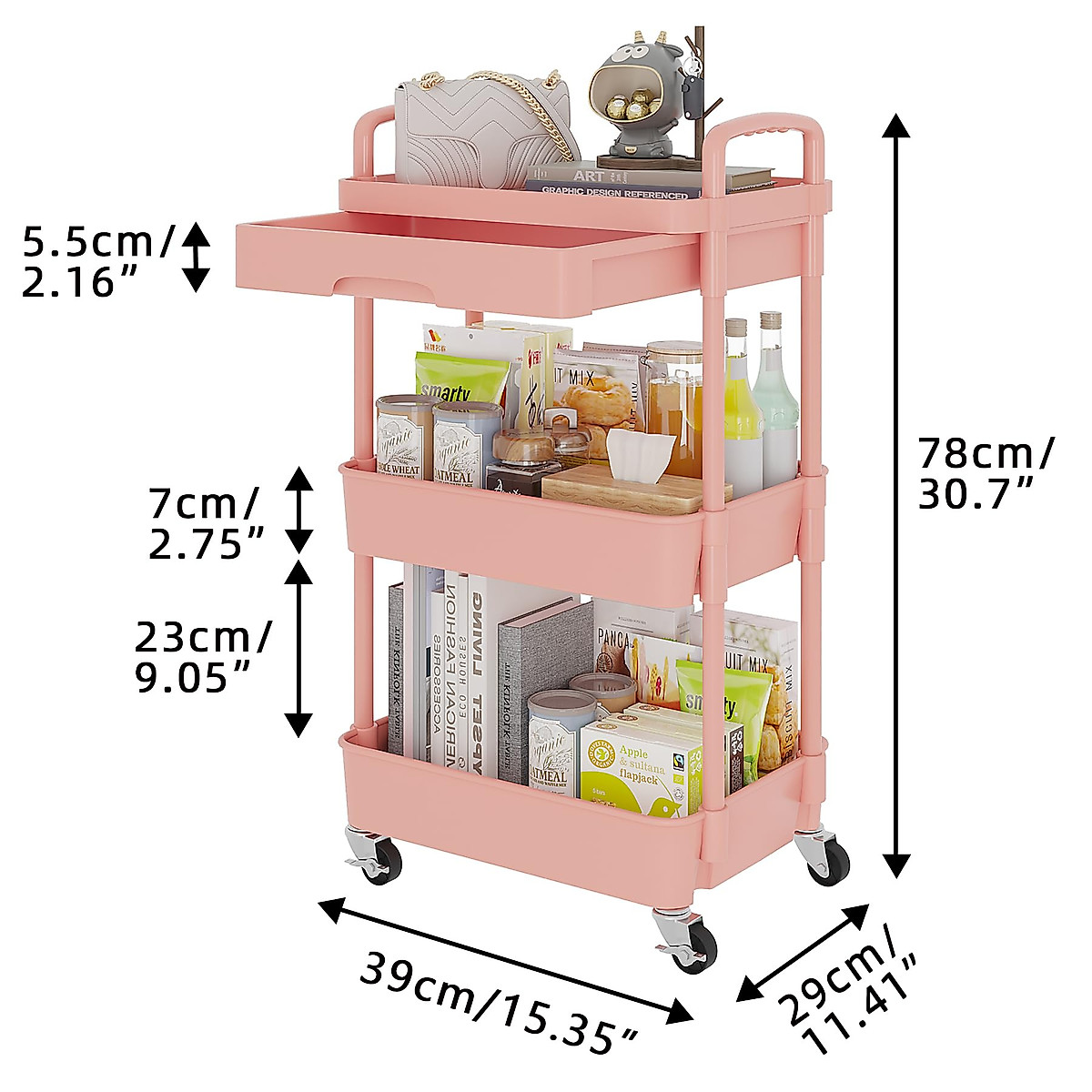 Calmootey 3-Tier Rolling Utility Cart with Drawer,Multifunctional Storage Organizer with Plastic Shelf & Metal Wheel,Storage Cart for Kitchen,Bathroom,Living Room,Office,Pink