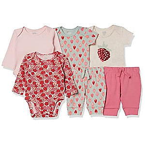 Amazon Essentials Unisex Babies' Cotton Layette Outfit Sets, Pack of 6, Multicolor/Floral/Strawberries, 12 Months