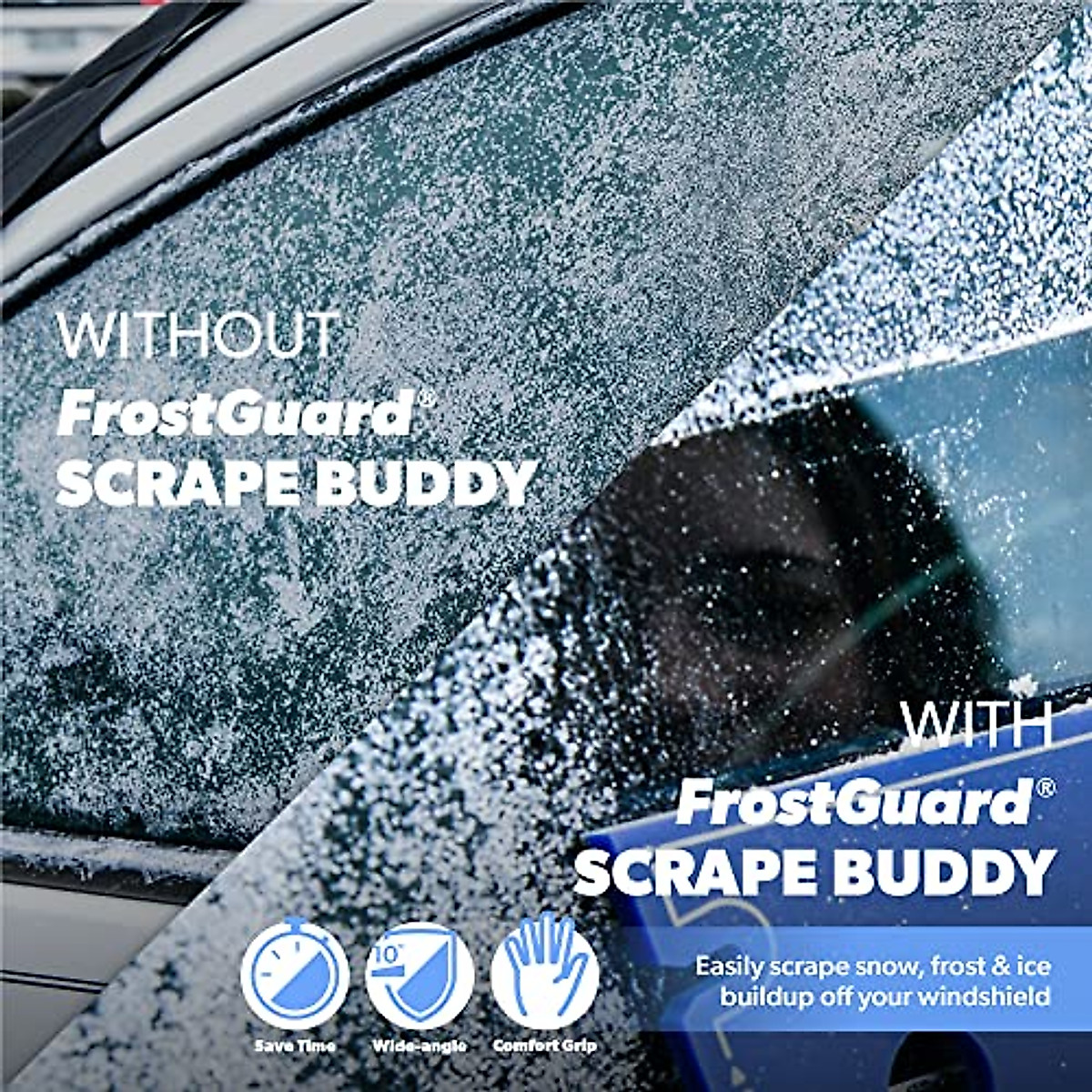 FrostGuard Scrape Buddy Car Ice Scraper Scrape with a Smile - Quickly Remove Frost, Ice and Snow from Your Vehicle Windows and Wiper Blades - Acrylic with Comfort Neoprene Sleeve - Blue Frost