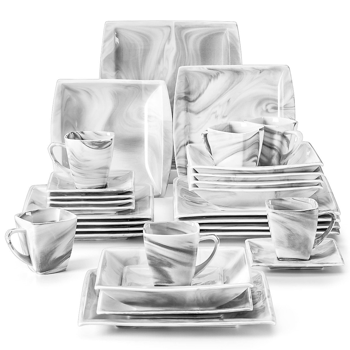 MALACASA Dinnerware Sets, 30 Piece Porcelain Plates and Bowls Sets for 6, Square Dish Set with Dinner Plates Set, Cup and Saucer, Modern Dishware Dishes Microwave Safe, Marble Grey, Series Blance