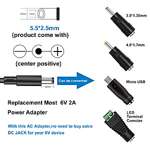 TTODDE UL Listed 6V 2A AC/DC Adapter 6V Power Supply Charger 6V Adapter 2A 1.5A 1A 0.5A 0.3A 12W DC 6V Power Adapter for Omron Healthcare Upper Arm Blood Pressure Monitor, Touchless Trash Can