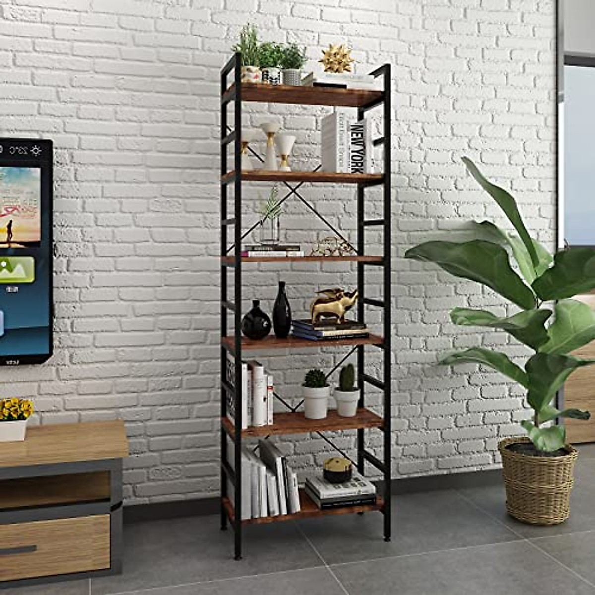 MIOCASA 6 Tier Bookshelf, Adjustable Industrial Bookshelves Organizer, Rustic Wood and Metal Standing Shelving Unit Storage, Tall Display for Living Room, Bedroom and Office