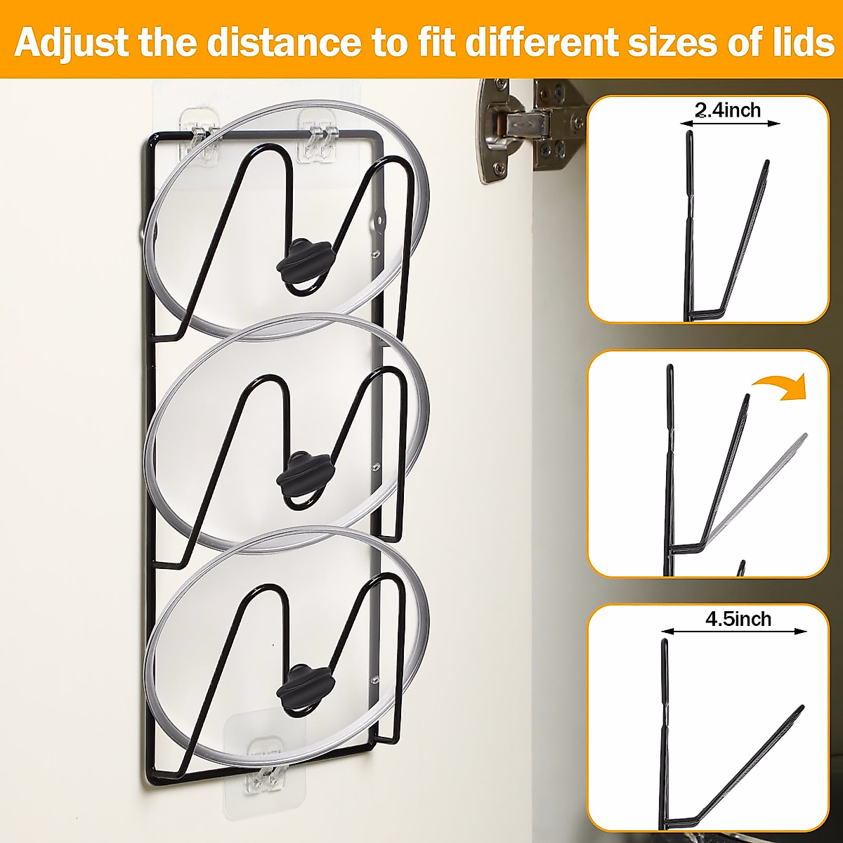 Jinei 6 Pack Pot Lid Organizer Rack 3 Tier Pot Lids Holder No Drilling Adhesive Wall Mounted Lid Rack for Kitchen Cabinet Door Mounted Pot and Pan Covers Holder Rack