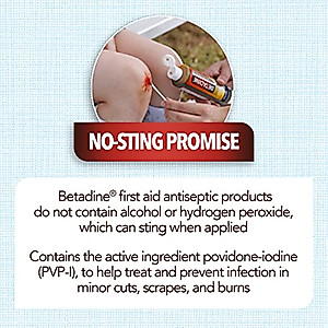 Betadine Antiseptic Liquid First Aid Solution, Povidone-iodine 10%, Infection Protection, Kills Germs In Minor Cuts Scrapes And Burns, No Sting Promise, No Alcohol or Hydrogen Peroxide, 8 FL OZ