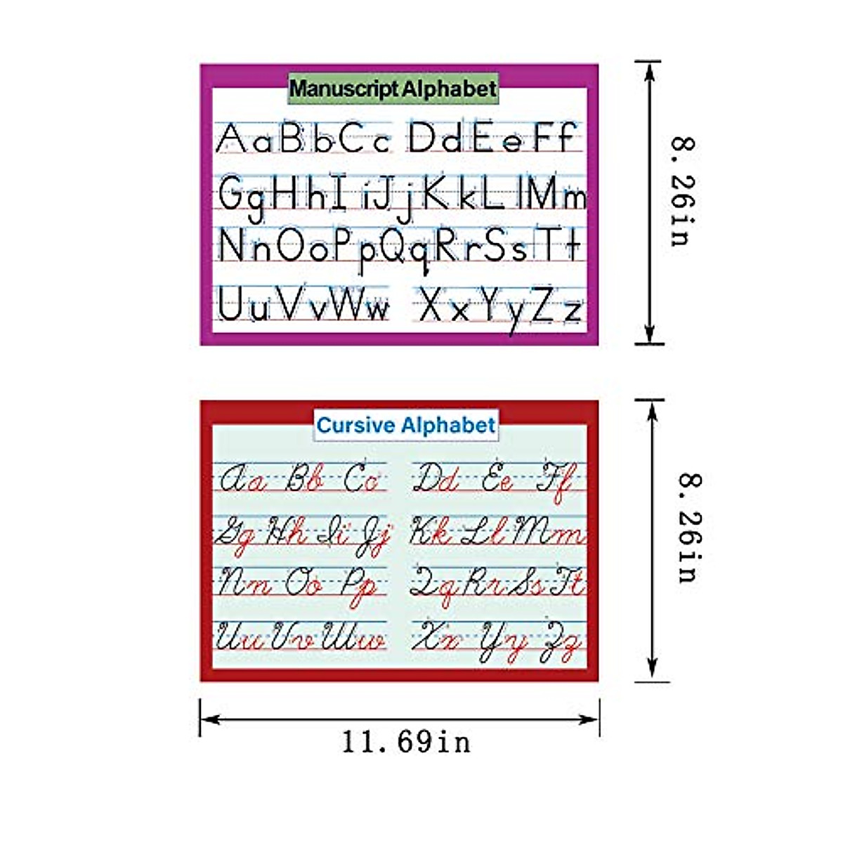 DFZUS Cursive & Manuscript Alphabet Writing Chart Educational Posters Set 2 Pack, Great for Early Learning Charts for Preschool, Daycares & Home School Teachers