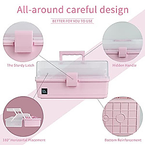 Creahaus 13 inch Art Craft Organizer Storage Box with 3 Layers, Multifunctional Plastic Tool Box with Handle for Sewing, Makeup, Medicine, Nail, Hair Accessories for Kids (Pink)
