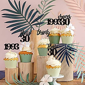 24 PCS Black 30th Birthday Cupcake Toppers Glitter Hello 30 Cupcake Topper Cheers to 30 Since 1993 Thirty Cupcake Picks for Happy 30th Birthday Anniversary Party Cake Decorations Supplies