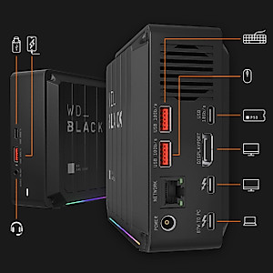 WD_Black D50 Game Dock. 2X Thunderbolt 3 Ports, DisplayPort 1.4, 2X USB-C & 3X USB-A, Audio in/Out, Gigabit Ethernet; Customizable RGB Lighting