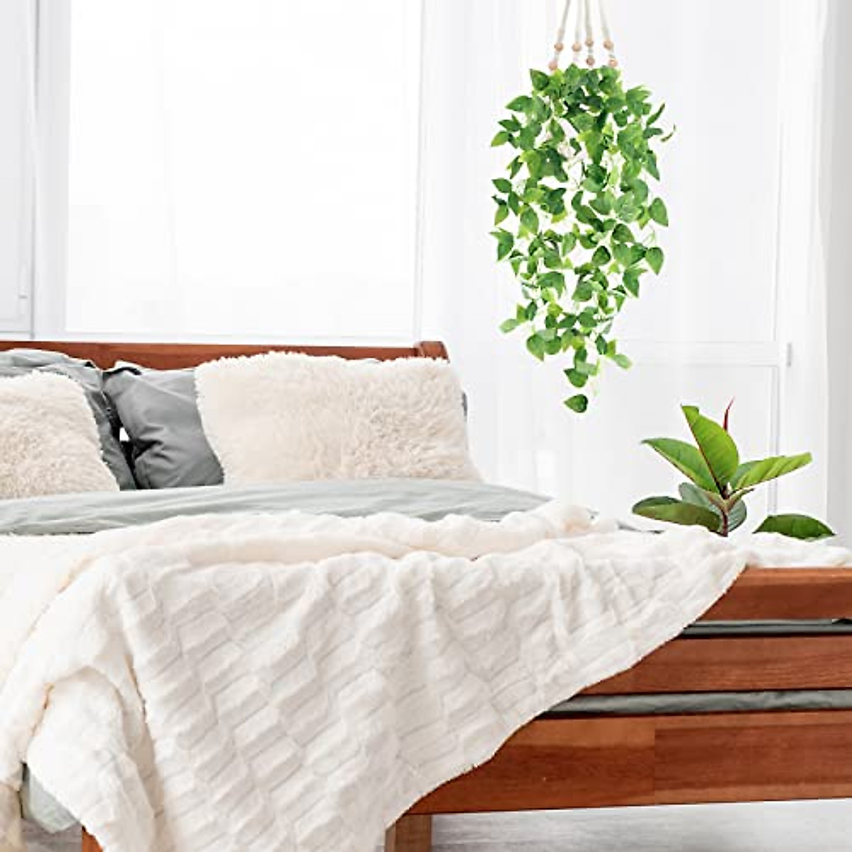 CEWOR Fake Hanging Plant with Pot, Artificial Hanging Plant Vine for Home Decor Indoor, Macrame Plant Hanger with Fake Vines Faux Hanging Planter Greenery for Bedroom Bathroom Kitchen Office Decor