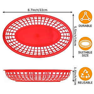50 Pack Oval Fast Food Baskets, 8.7 x 5.5 Inch Red Plastic Food Baskets Restaurant Basket, Fast Food Storage Baskets for Burgers, Sandwiches, Fries at Party, Picnic, Home