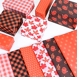 Konsait Thanksgiving Wrap Paper, 120 Sheet Fall Autumn Tissue Paper for Gift Wrapping, Maple Leaves Buffalo Plaid Polka Dot Pumpkin Prints Crafts Paper for Harvest Birthday Festival Bags Party Pompom