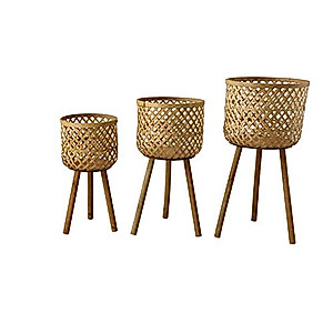 Creative Co-Op Woven Bamboo Floor Baskets with Wood Legs (Set of 3 Sizes)