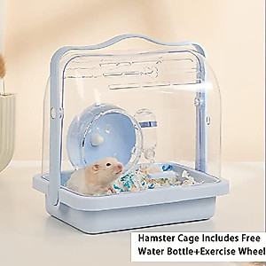 Portable Transparent Small Animal Cage for Pet Hamsters, Gerbils, or Mice, with Free Water Bottle and Running Wheel - Hamster House and Habitat for Reptiles. Perfect for Home or Travel (Blue)
