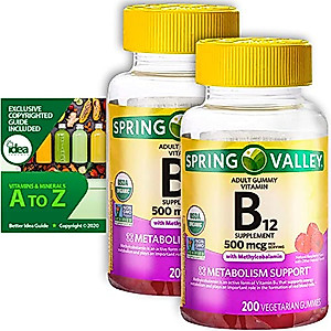 Vitamin B12 Organic Vegetarian Gummies, Metabolism Support with Methylcobalamin by Spring Valley, 500 mcg, 200 Ct (2 Pack) + “Vitamins & Minerals -  A to Z - Better Idea Guide©”