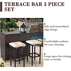 Oakmont Outdoor Bar Set 3-Piece Brown Wicker Patio Furniture - Glass Bar and Two Stools with Cushions for Patios, Backyards, Porch, Gardens or Poolside