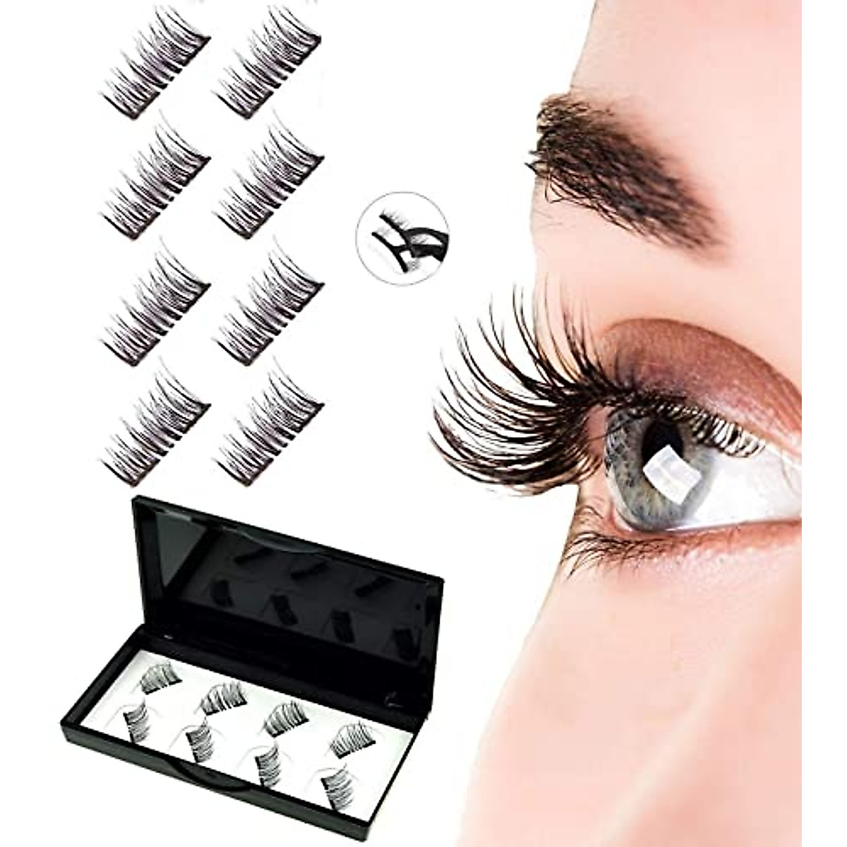 No Glue Magnetic Eyelashes Natural Look, Half Eye 2 Magnets Reusable False Eyelashes with Applicator