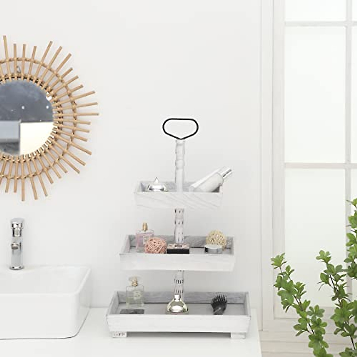 3 Tier Serving Tray, Rectangle Tiered Tray, Farmhouse Table Decor Cake Stands Round Wooden Tray Three Tier Tray with Metal Handle Large Storage Tray,Home Kitchen Shelf Coffee Bar Table