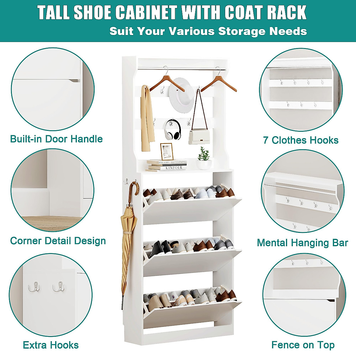 Shoe Cabinet for Entryway with 3 Flip Drawers, White Tall Wood Shoe Storage Cabinet with Coat Rack, Narrow Hidden Slim Freestanding Shoe Rack Organizer, 2 in 1 Hall Tree for Living Room, Hallway