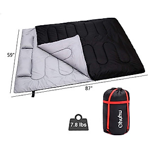 Sleeping Bags for Adults 2 Person, Ohuhu Double Sleeping Bags for Adults with 2 Pillows Fall Winter Cold Weather Waterproof Queen Sleeping Bag for Family Kids Teen Outdoor Camping Hiking Backpacking
