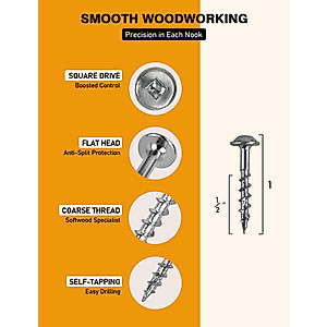 YaaYii Pocket Hole Screws #8 x 1 Inch, 700 PCs Value Pack Wood Screws - Coarse Thread - Washer Head - Square Drive - Self Tapping - Zinc Plated for Rust Resistant, Two Extra Drive Bits Included