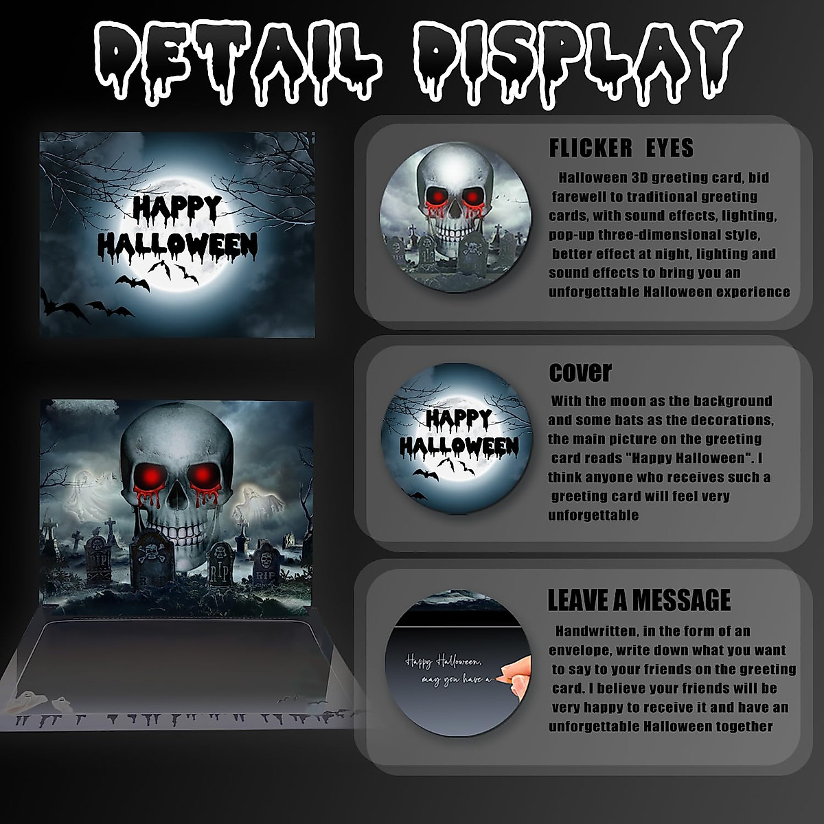DTESL 3D Greeting Pop Up Halloween Card with light and music, For Kids, Friend, Boyfriend, Girlfriend, Husband, Him, Women - Skull, Trick Or Treat, Ghost, Pumpkin Envelope