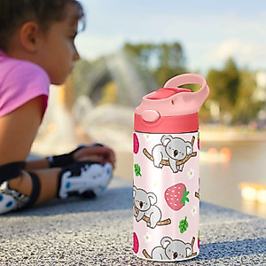 Kigai Koala Strawberry Kids Water Bottle, Insulated Stainless Steel Water Bottles with Straw Lid, 12 oz BPA-Free Leakproof Duck Mouth Thermos for Boys Girls