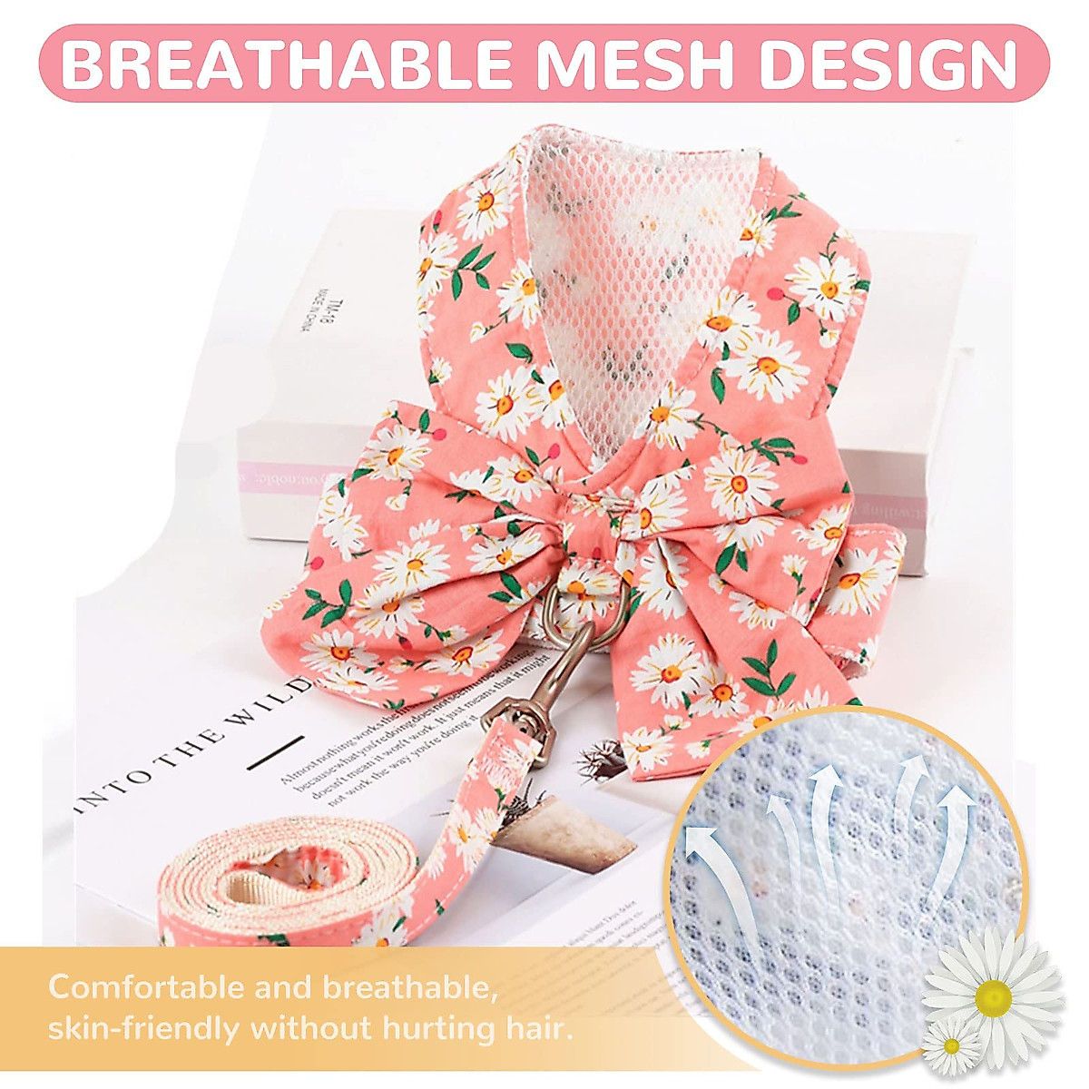 BAEJMJK Dog Harness and Leash Set with Bow Knot No Pull Pet Daisy Floral Harness with D-Ring Soft Mesh Dog Harness Vest Set Escape Proof Princess Puppy Harness for Small Girl Dogs Cats（Pink M）